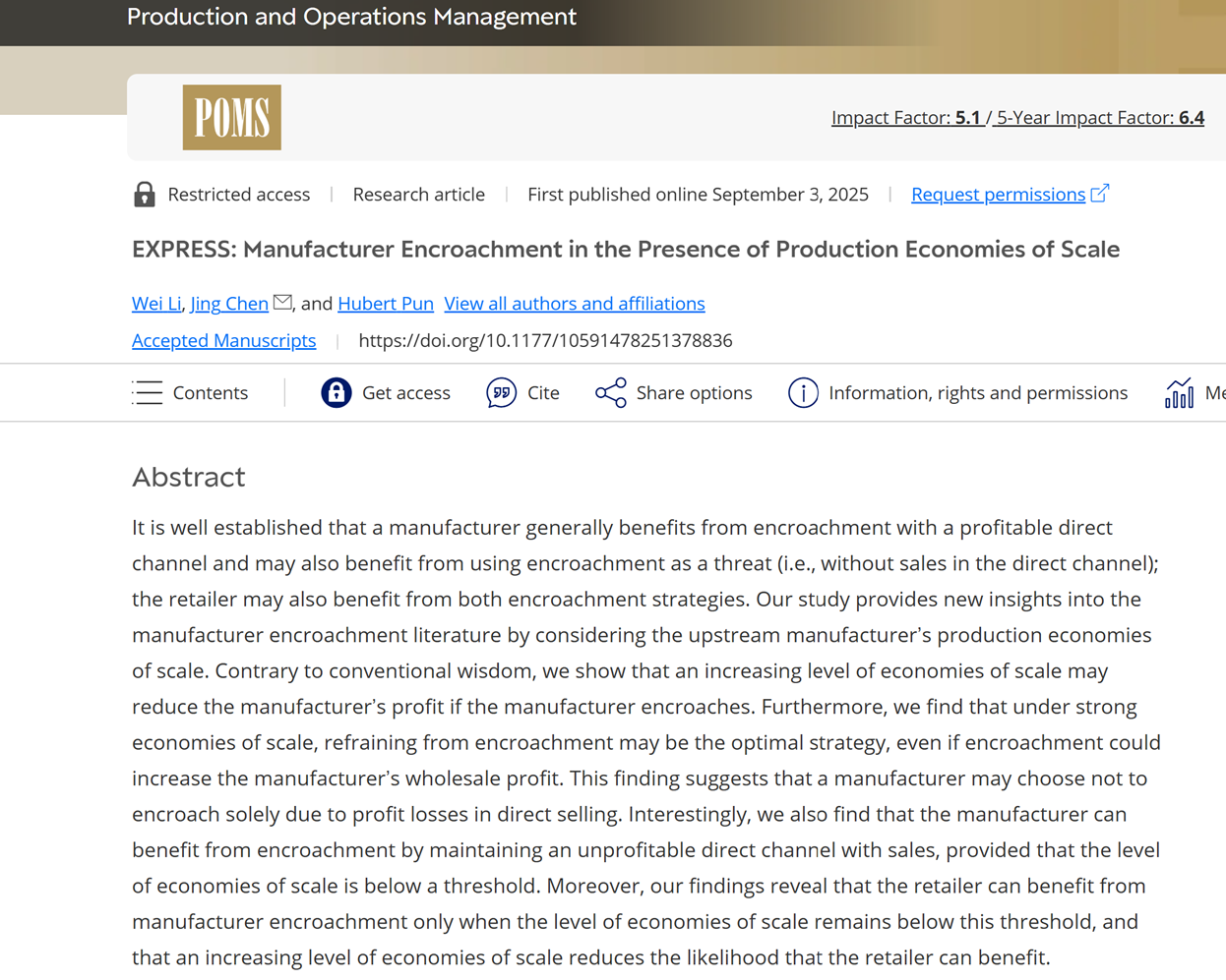 我院李伟教授在UTD24国际权威期刊Production and Operations Management发表研究成果-西南财经大学工商管理学院